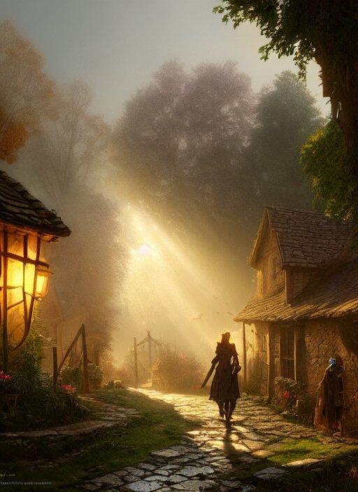 Lexica - Small poor medieval village, mist, sunrays, dust in the air ...