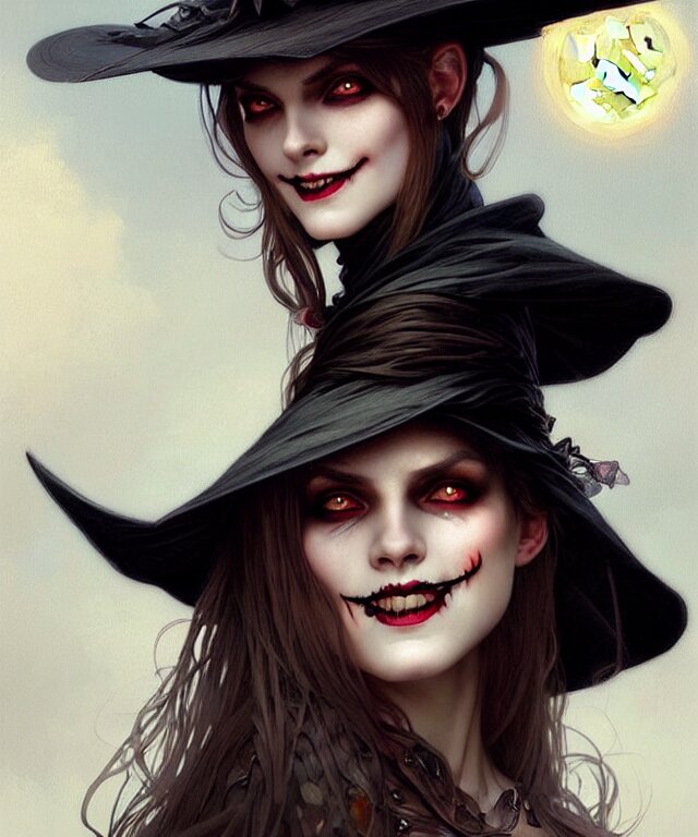 halloween witch woman in a hat smiles, fantasy magic, undercut h ...
