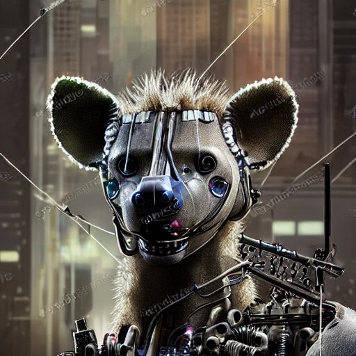 robotic cyberpunk hyena, many wires and metal exposed, realistic ...