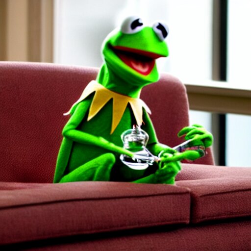 Lexica - Candid photo of kermit the frog sitting on the couch hitting a bong, kermit the frog in ...
