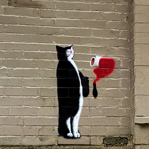 Lexica - Street art of an alcoholic cat who drink wine, by banksy