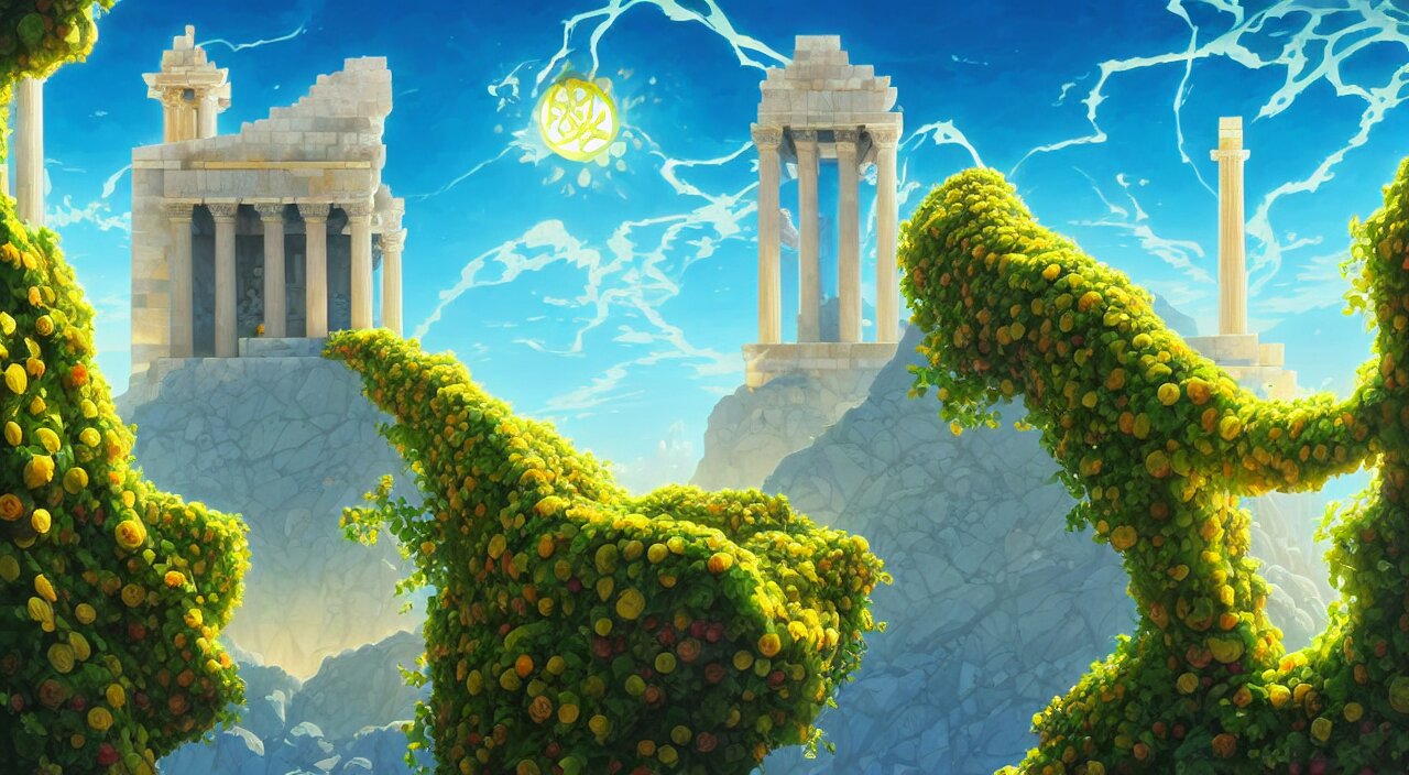 Lexica - painting of Atlantis zeus tower statue and hill valley grec ...