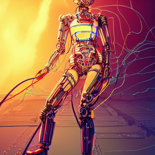 a beautiful body of a bot fighter pilot woman mostly made of wir ...