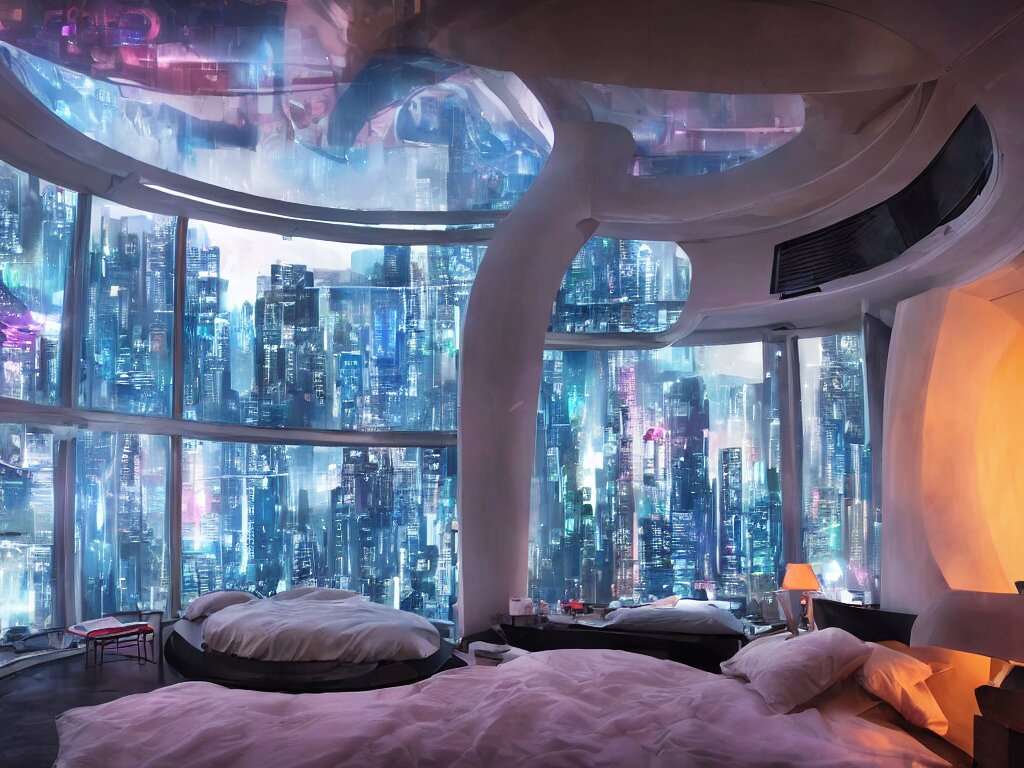 Lexica - A futuristic bedroom with large curved ceiling high windows ...