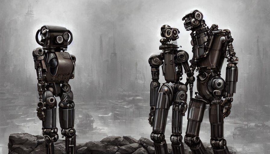 Lexica - Dieselpunk Illustration of two humanoid robots holding hands ...