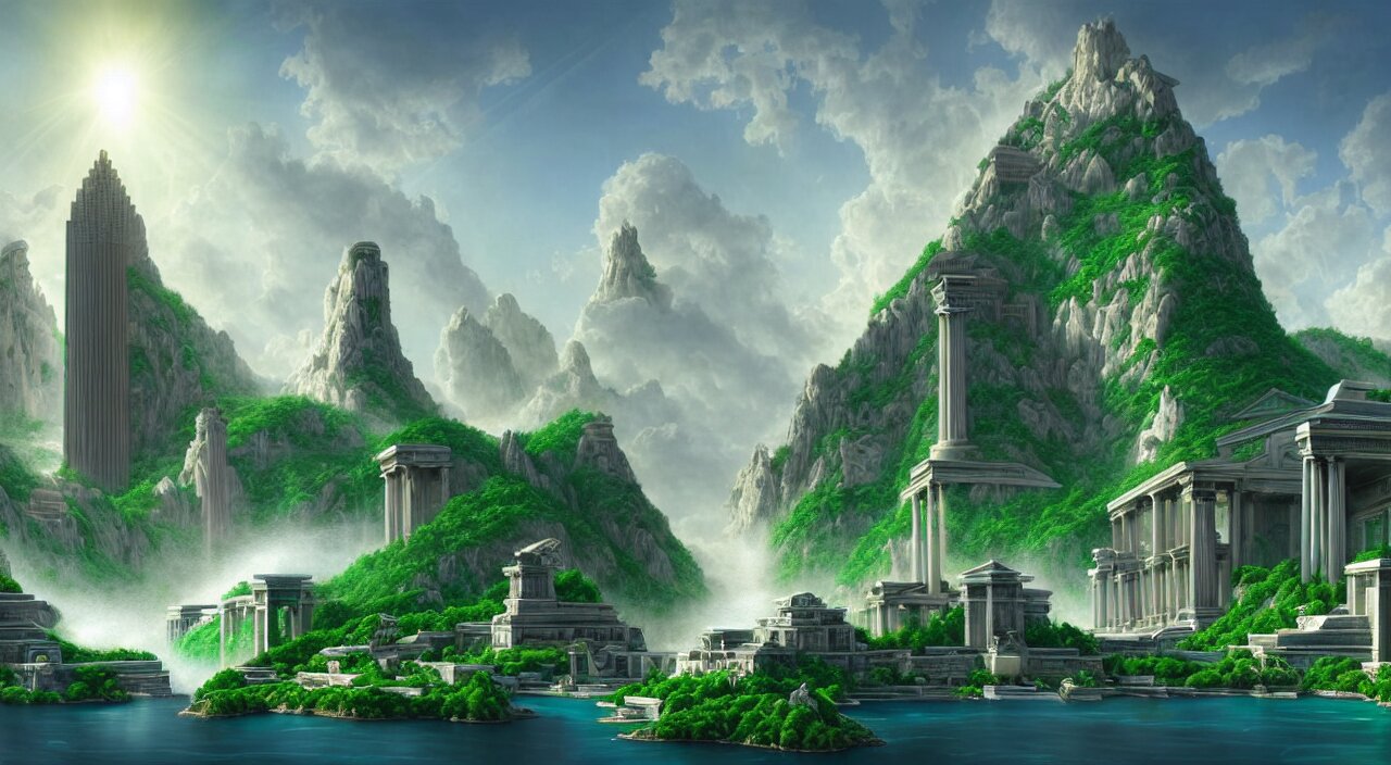 a matte painting futurist of a green water city of Atlantis gre ...