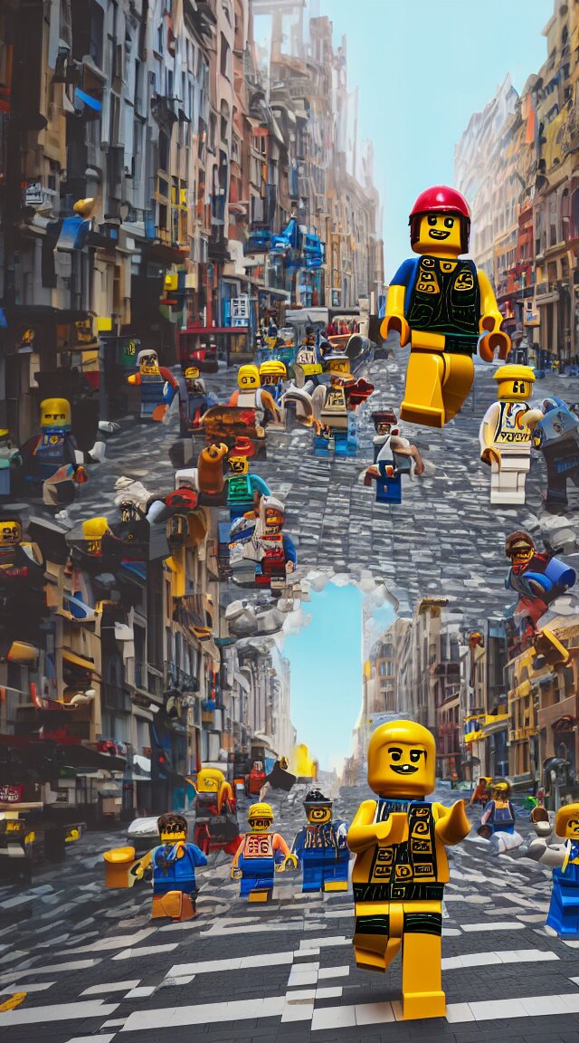 hyperrealistic giant enormous lego minifigure walking over city ...