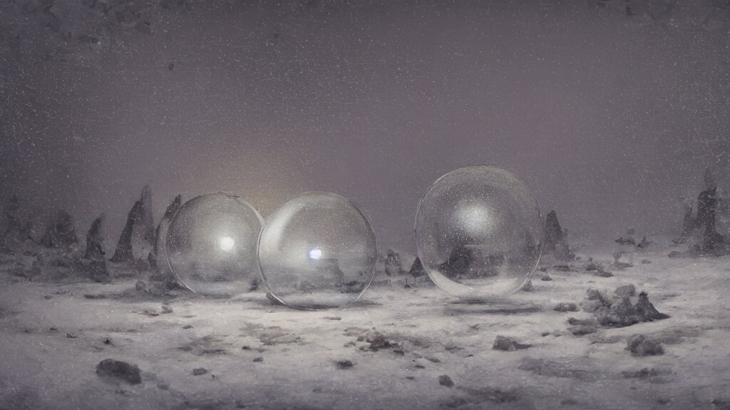 a surreal dreamlike scene of transparent spheres containing mini ...