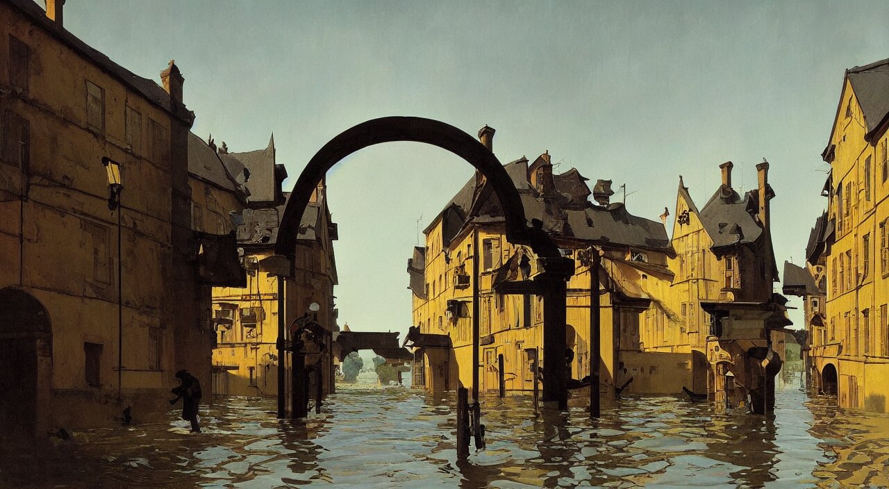 Lexica - A high contrast! painting of a single flooded simple wooden ...