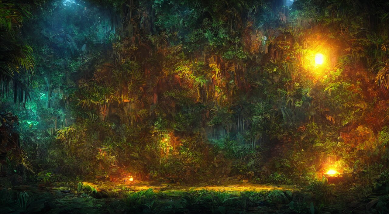 Lexica - lot torch by night in the tropical jungle the wall wood ...