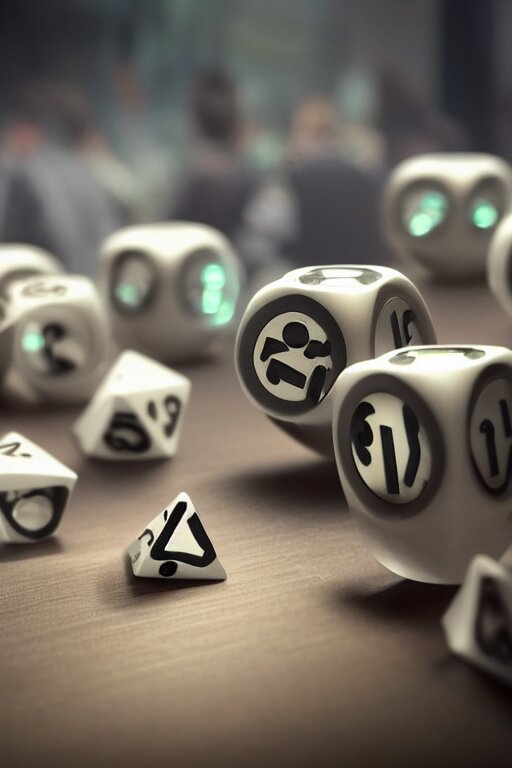 closeup, of one futuristic sci-fi Twenty sided dice, in the back ...
