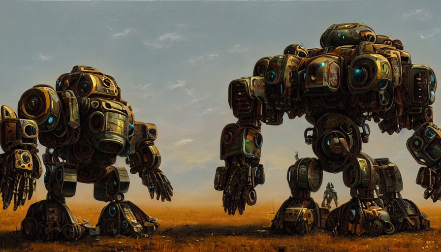 Lexica - An intricate oil painting of a giant scrap metal anime armored ...