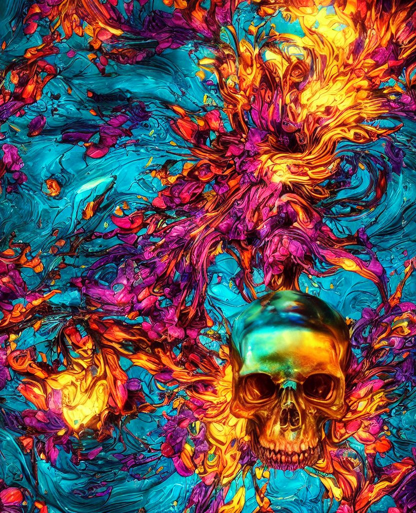 illustration of a colorfull melting human skull. flowers and blo ...