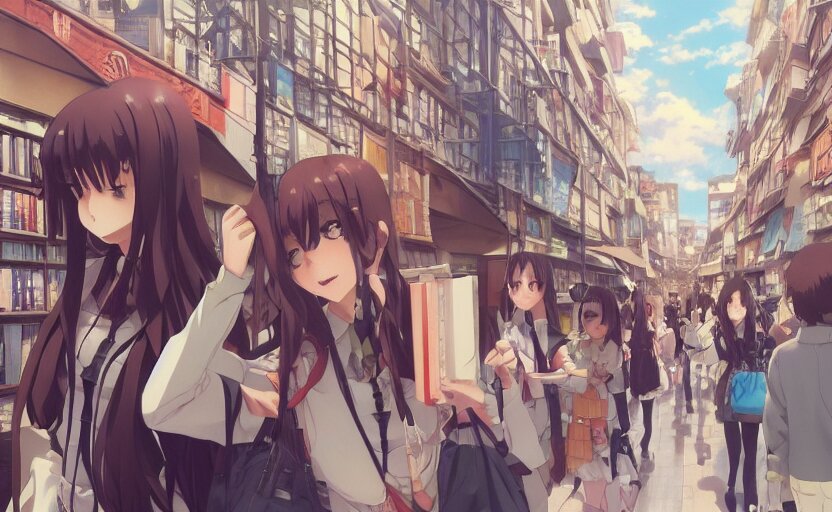 Lexica - One single high school anime girl shopping on a book store. by ...