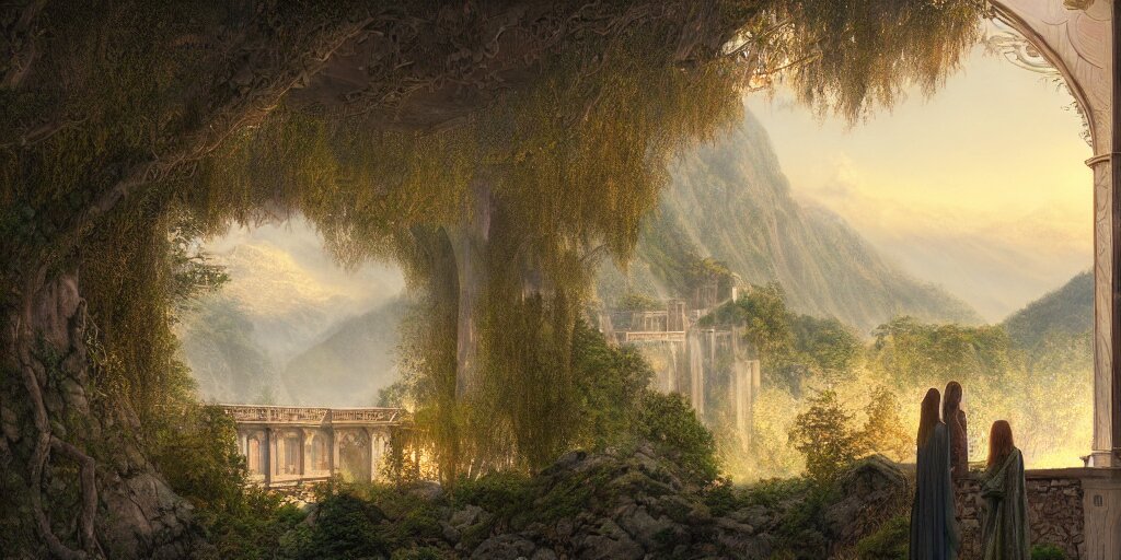 Lexica - Rivendell, looking out from the balcony, evening, detailed ...