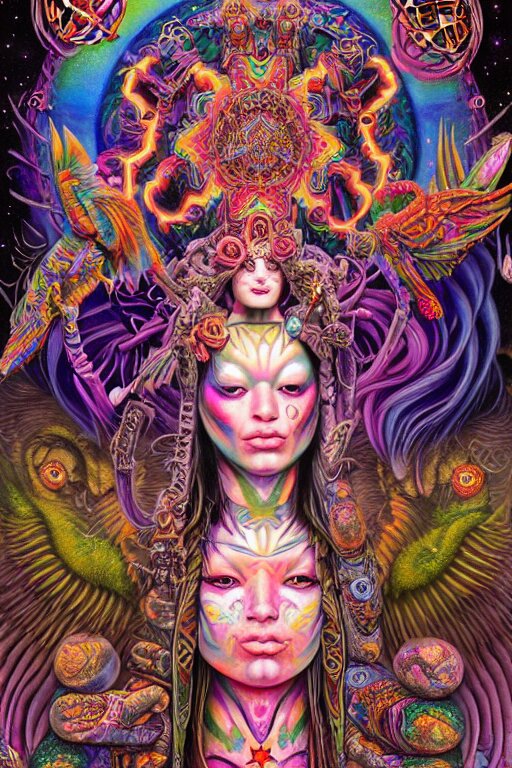 psychedelic shaman, lisa frank, wearing celtic tattoos, inside a ...