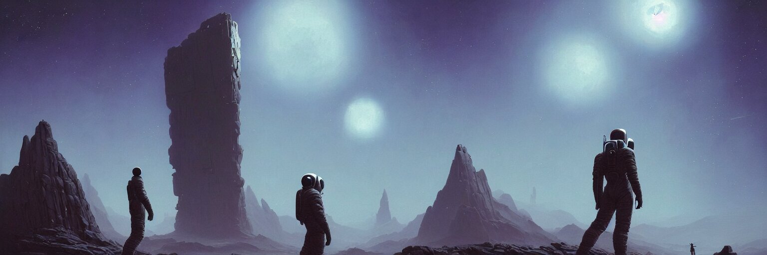 Lexica - A sci-fi cosmonaut standing in front of an epic colossal shiny ...