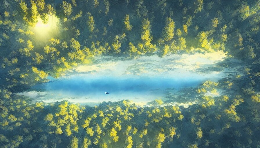 Lexica - Aerial portrait of a vast lake surrounded by woodland, highly ...