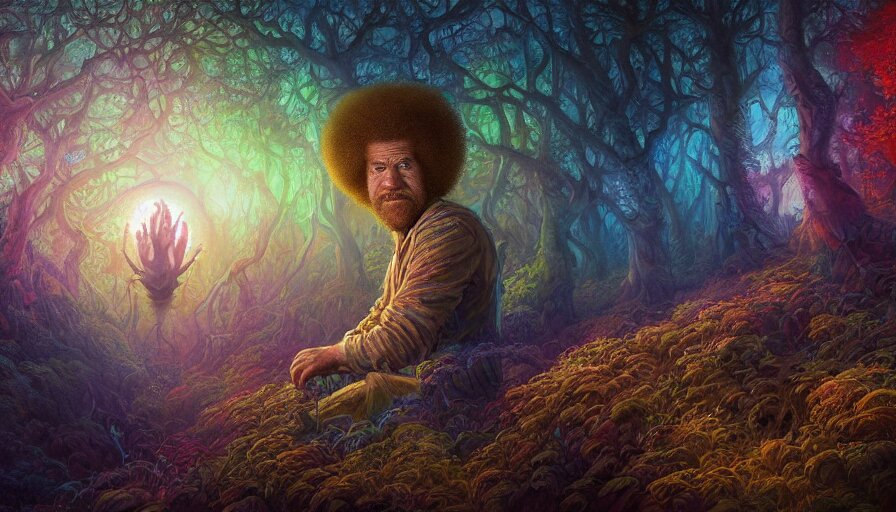 bob ross on a psychedelic trip with an open mouth and glowing ey ...