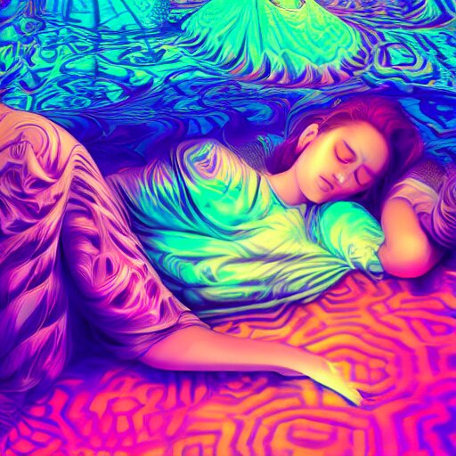photorealistic sleeping in a trippy psychedelic world. hyperdeta ...