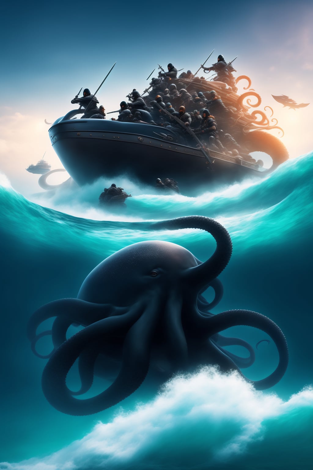 Giant Octopus Attacking Ship Drawing