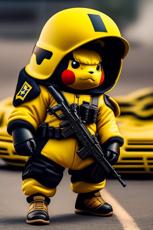 Lexica - plush pikachu holding gun