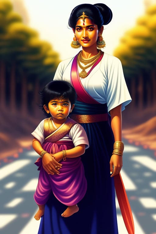 Indian Mother With Baby Drawing