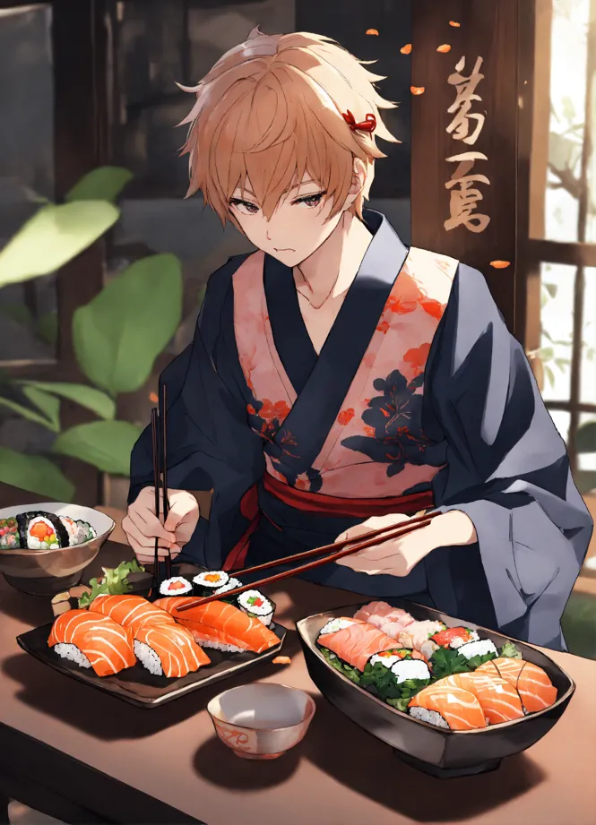 Lexica - anime boy eat sushi with chopsticks