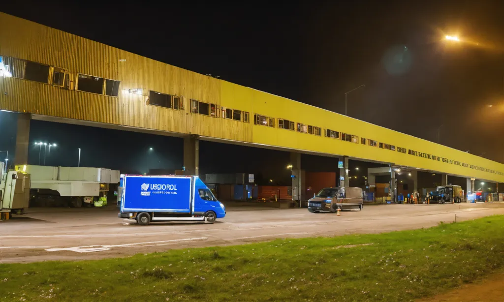 Lexica - trucks with trailers at a checkpoint of a customs terminal
