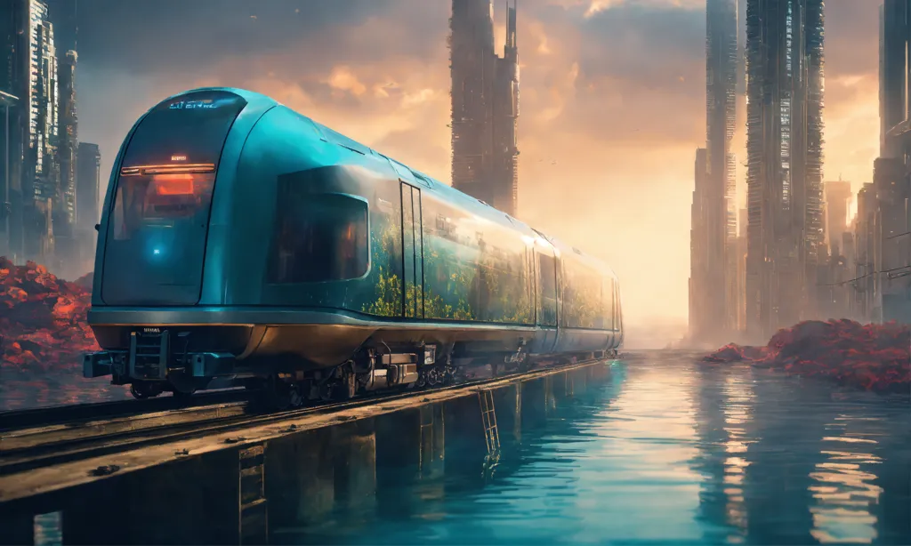 Lexica - cyberpunk locomotive on railroad through underground caverns