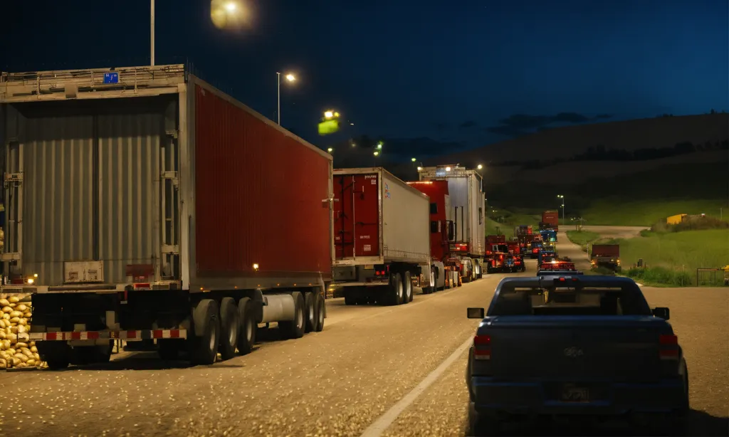 Lexica - trucks with trailers at a checkpoint of a customs terminal