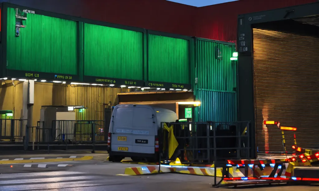 Lexica - trucks with trailers at a checkpoint of a customs terminal