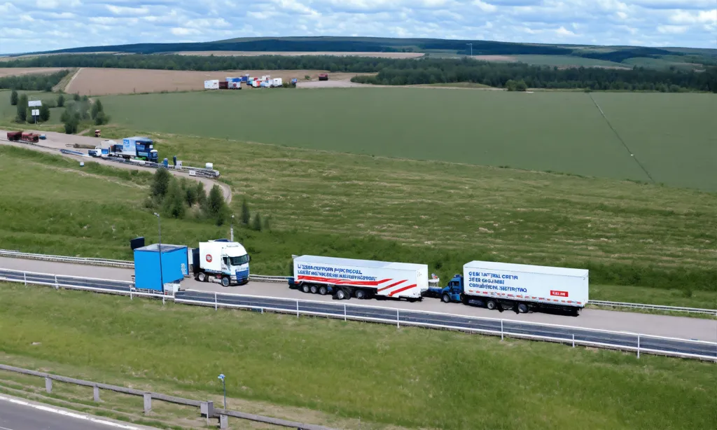 Lexica - trucks with trailers at a checkpoint of a customs terminal