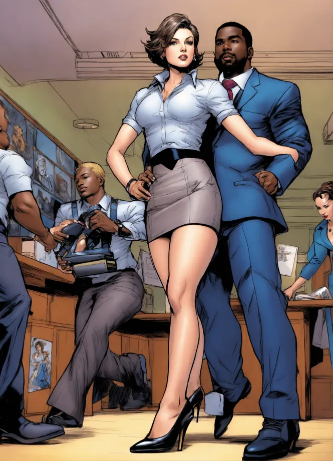 Lexica - muscle female teacher and muscular students in a sute and high heels