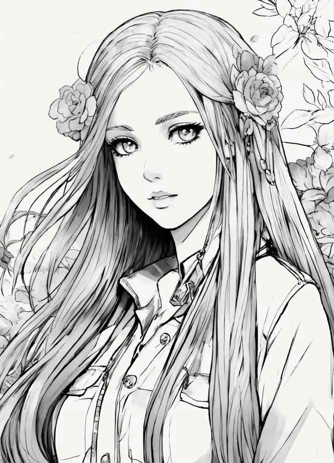 Anime Girl Lineart Long Hair