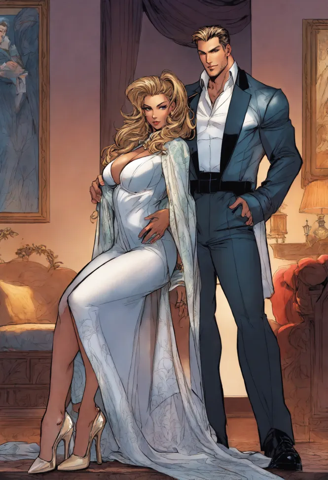 Lexica - muscle female teacher and muscular students in a sute and high heels