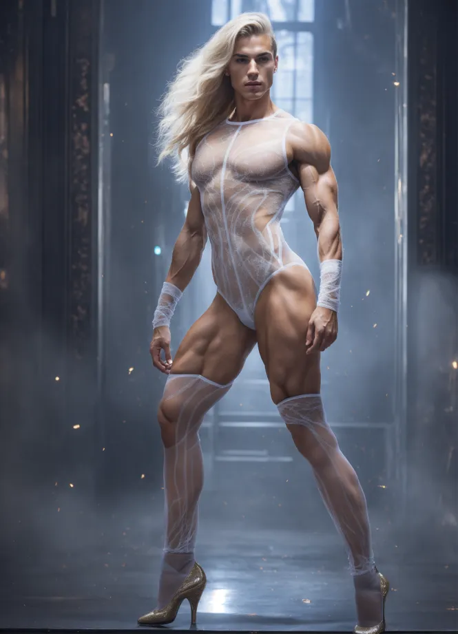 Lexica - muscle female teacher and muscular students in a sute and high heels