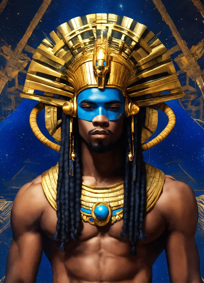 Shirtless Pharaoh Costume Tribal Warrior Standing With A Spear Against