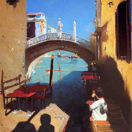 italian restaurant in venice, sunny, shadows, craig mullins - Arthub.ai