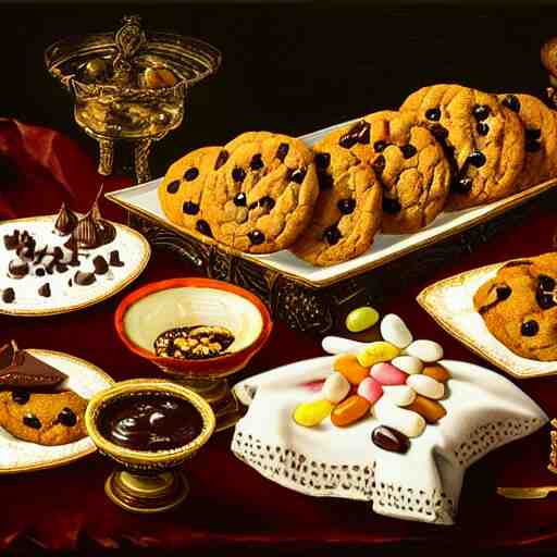 opulent banquet of plates of freshly baked chocolate chip cookie ...
