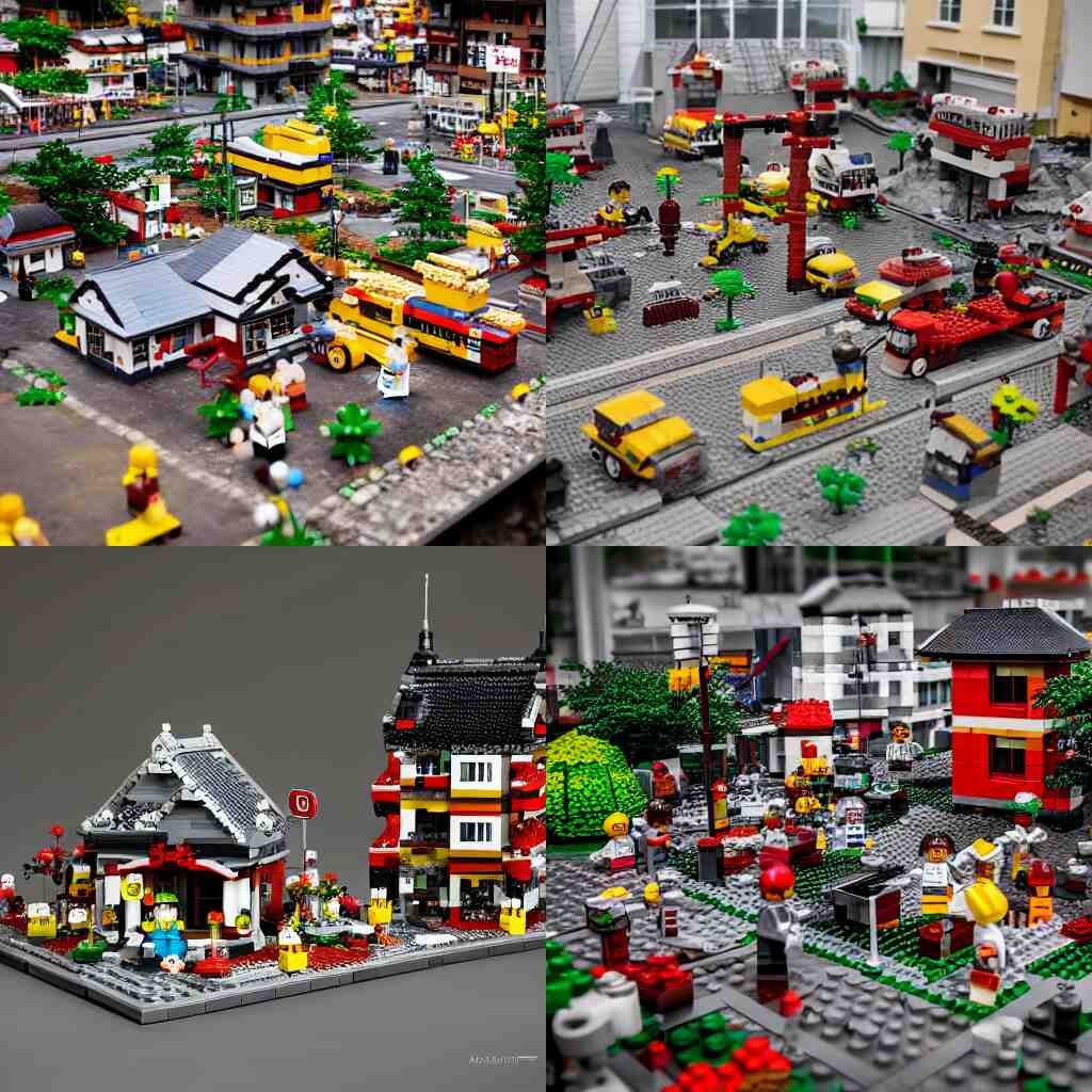 a miniature japanese lego village destroyed by a nuclear bomb, p ...
