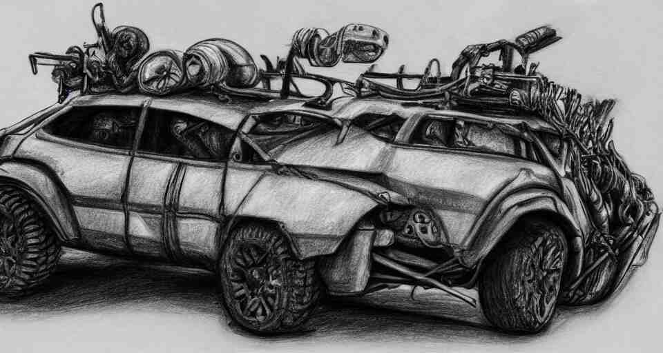 graphite drawing of a stylized cartoony fury road car - Arthub.ai